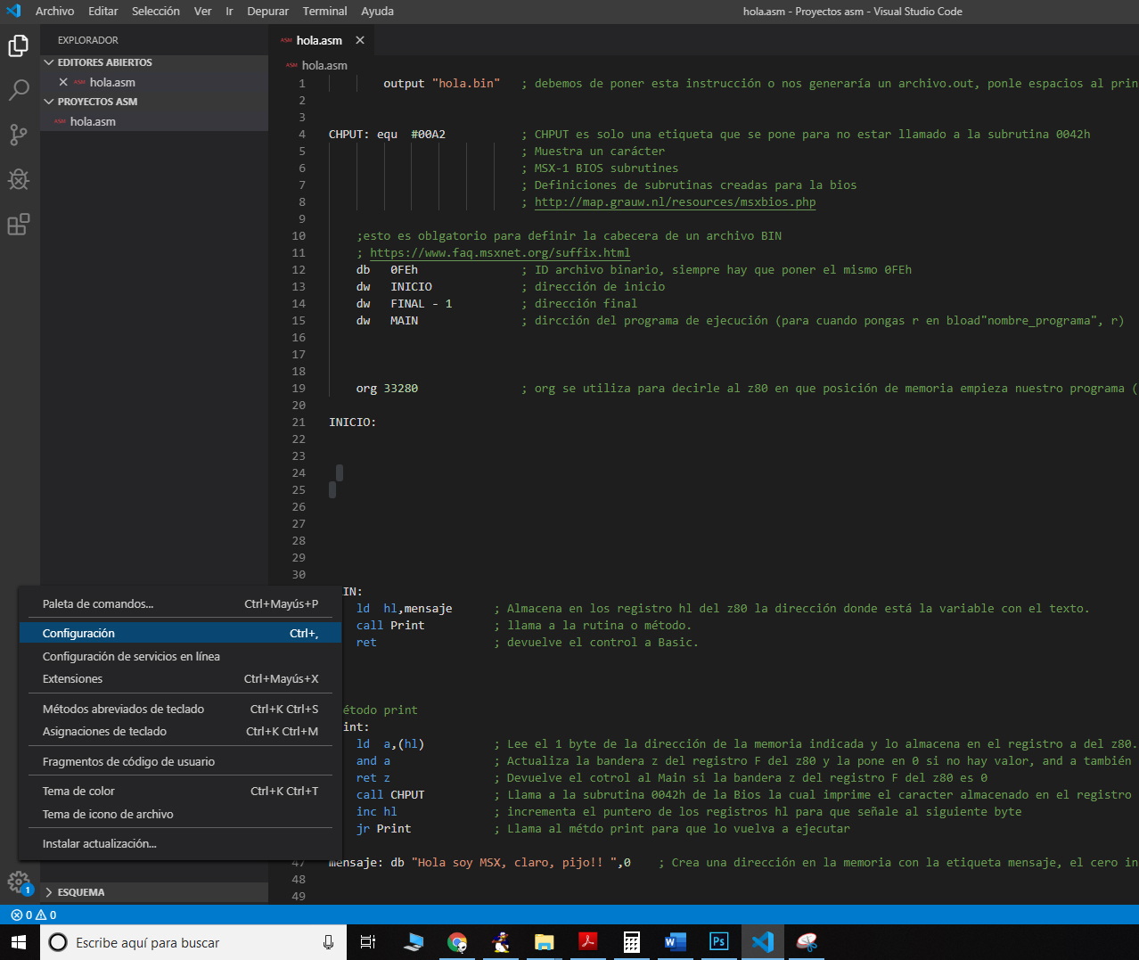 Hola mundo en ensamblador para MSX con visual studio code y sjasm – MSX