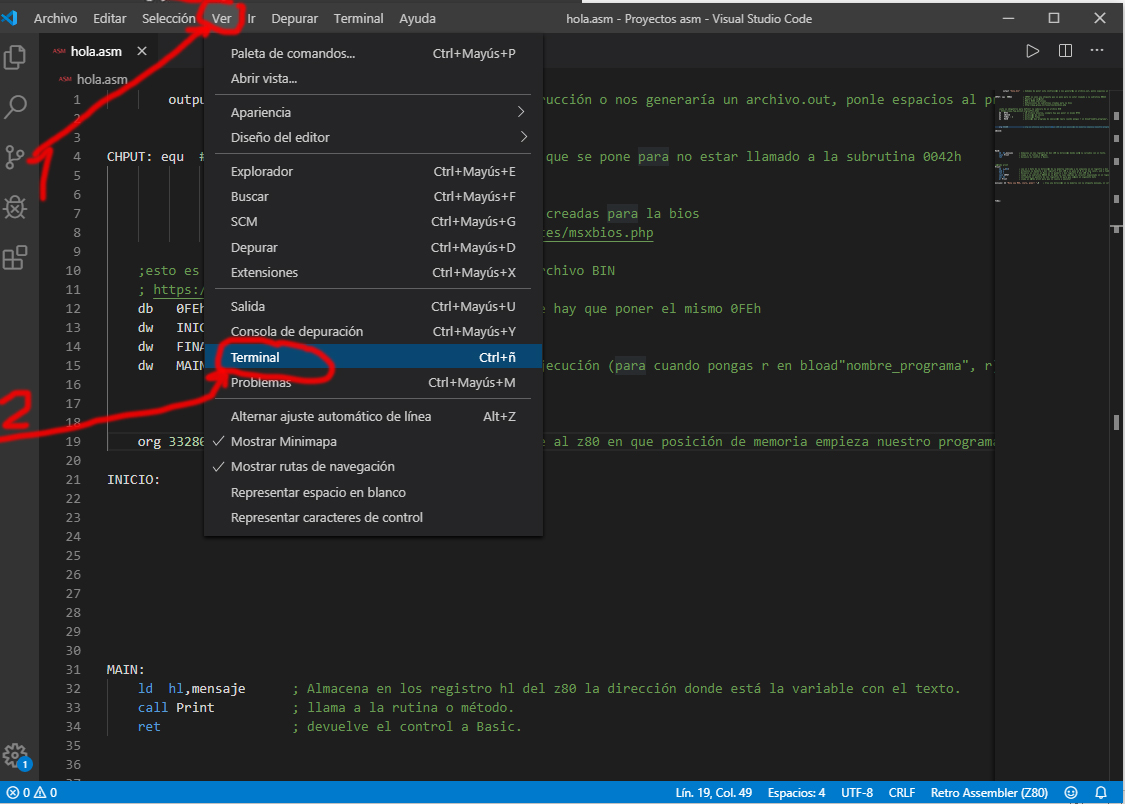 Hola mundo en ensamblador para MSX con visual studio code y sjasm – MSX