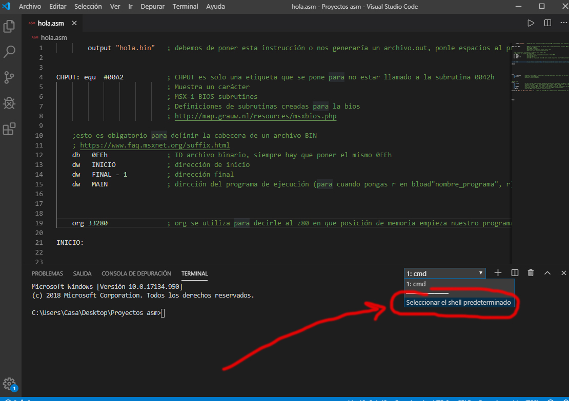 Hola mundo en ensamblador para MSX con visual studio code y sjasm – MSX