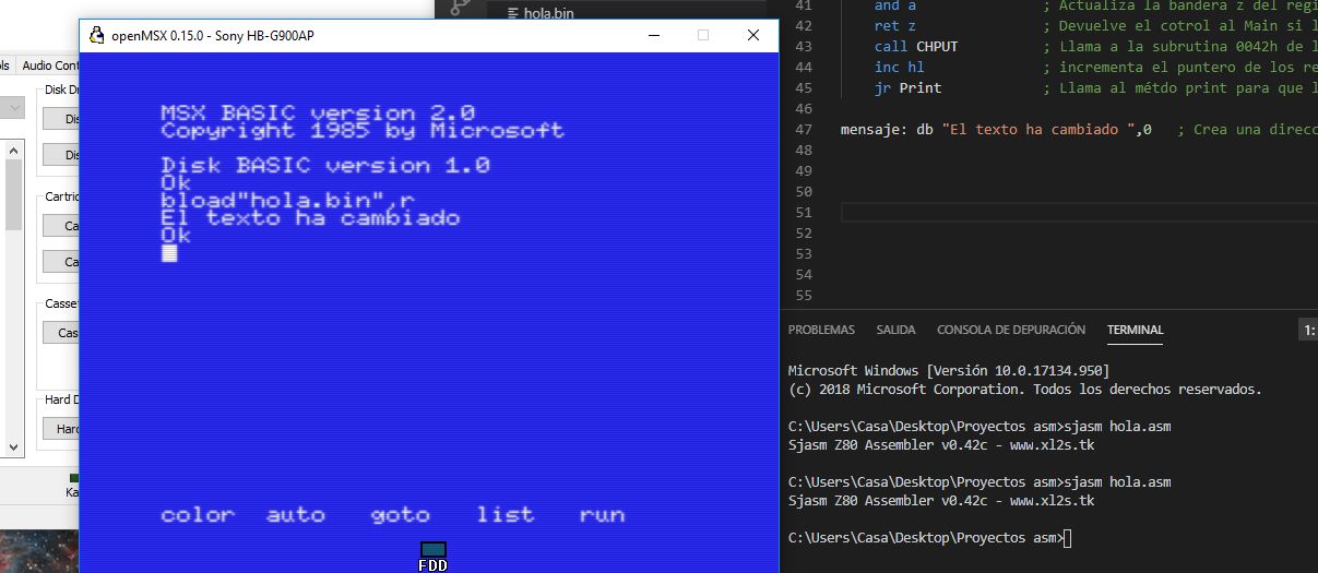 Hola mundo en ensamblador para MSX con visual studio code y sjasm – MSX